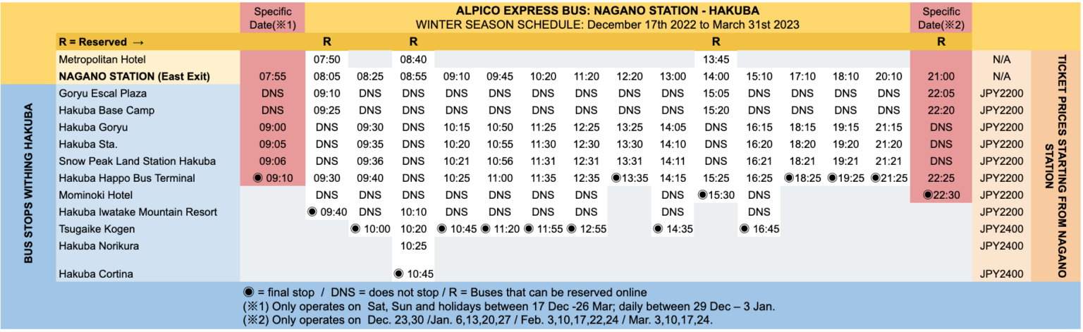 ALPICO Hakuba Express Bus Timetable - SNOW MONKEY RESORTS