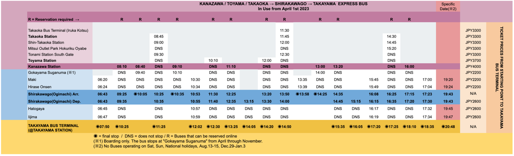 Express Bus Timetable From Takayama to Shirakawa-go / Kanazawa - SNOW ...