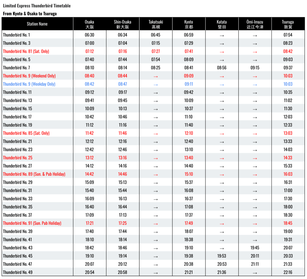 Limited Express Thunderbird Timetable - SNOW MONKEY RESORTS